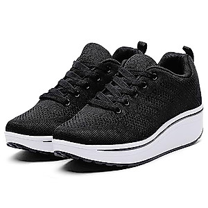 WUIWUIYU Womens Outdoor Casual Wedge Platform Mesh Lace-Up Sport Athletic Rocker Shoes Trainers Sneakers Black Size 5 M US