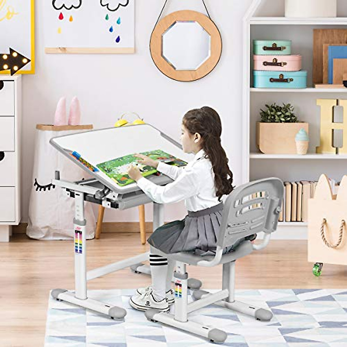 HONEY JOY Kids Desk and Chair Set, Height Adjustable Study Table and Chair, Tilting Desktop with Book Stand and Drawer Storage, Metal Hook for Schoolbag, Ergonomic Design for Boys and Girls