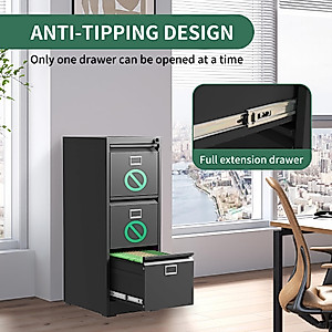 VIYET 3 Drawer File Cabinet, Metal Vertical File Cabinets with Lock for Home Office, Office Steel Filing Cabinet for Hanging Files for A4/ Legal/Letter,Assembly Required (Black)