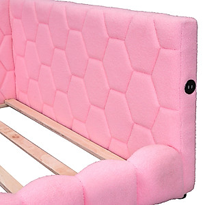 QVUUOU Upholstered Platform Bed Daybed with USB Ports and LED Lights Belt, Full Size Wood Bed Frame for Bedroom Furniture, Teddy Upholstered Bed Multifunctional Bed Floor Bed Grounded Bed (Pink)