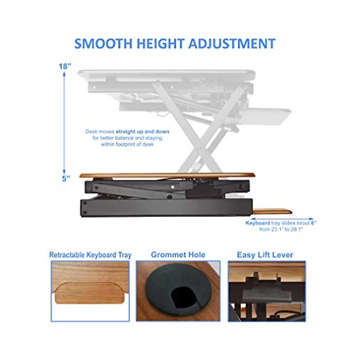 Rocelco 32" Height Adjustable Standing Desk Converter - Sit Stand Computer Workstation Riser - Dual Monitor Retractable Keyboard Tray Gas Spring Assist - Teak Wood Grain (R EADRT)
