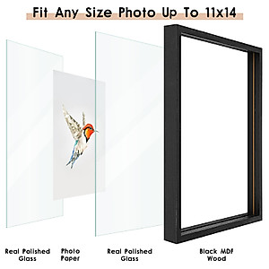 MUYE 11x14 Floating Frames Set of 2,Double Glass Picture Frame Display Any Size Photo up to 11x14,Wall Mount or Tabletop Standing,Black