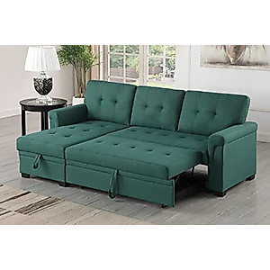 Lilola Home Linen Reversible Sleeper Sectional Sofa with Storage Chaise, Green