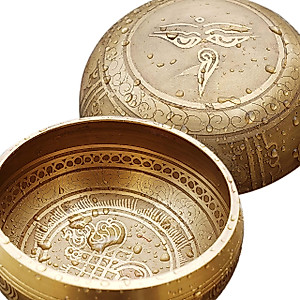 Khusi 4.5 Inch Tibetan Singing Bowl, Wisdom Eye Mantra Engraved Chakra Bowl Sound Bowl w/Silk Cushion, Leather Wrap Mallet and Carry Pouch, Hand Hammered Made in Nepal