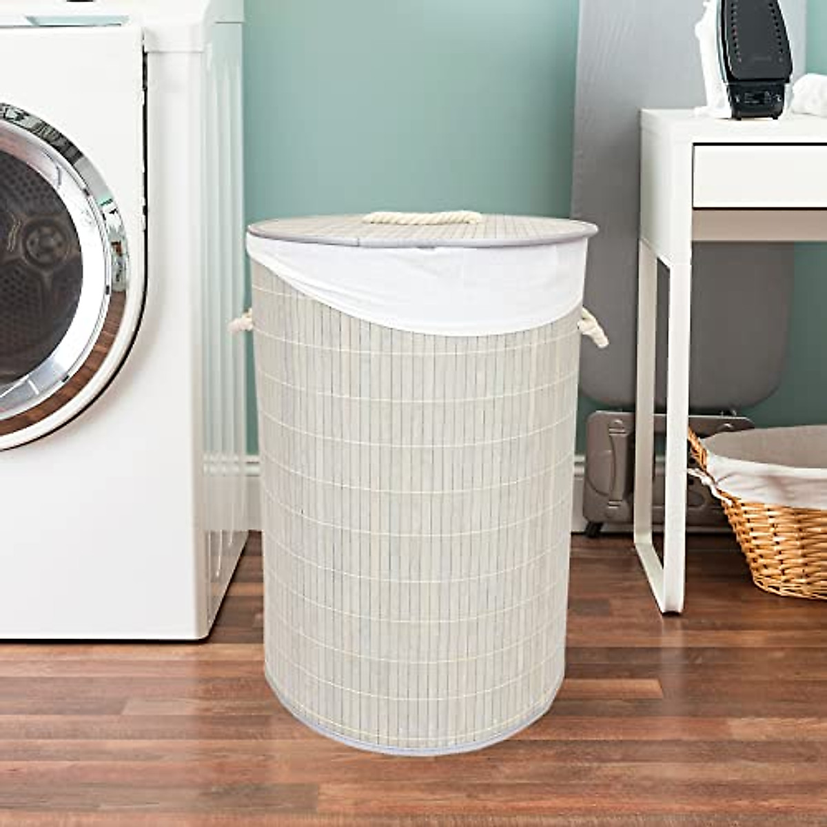 Home Basics Foldable Durable Bamboo Laundry Basket Hamper (Round, Grey)