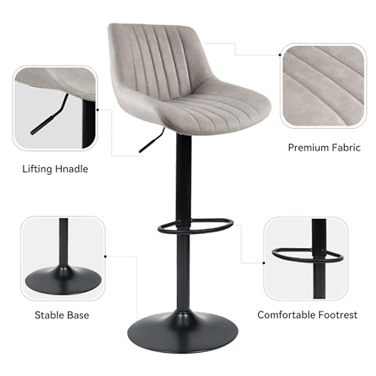 Nalupatio Bar Stools Set of 2, Adjustable Modern Swivel Bar Stools with Backs, Counter Height Performance Fabric Island Chairs for Home Kitchen, Light Grey