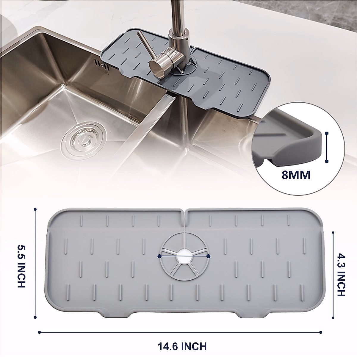 Kitchen Faucet Sink Splash Guard, Silicone Faucet Water Catcher Mat – Sink Draining Pad Behind Faucet, Grey Rubber Drying Mat for Kitchen