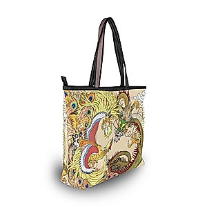Bolaz Tote Bag with Zipper for Women Chinese Dragon Phoenix Handbags Pockets Shoulder Bag Work Large Travel Office Business