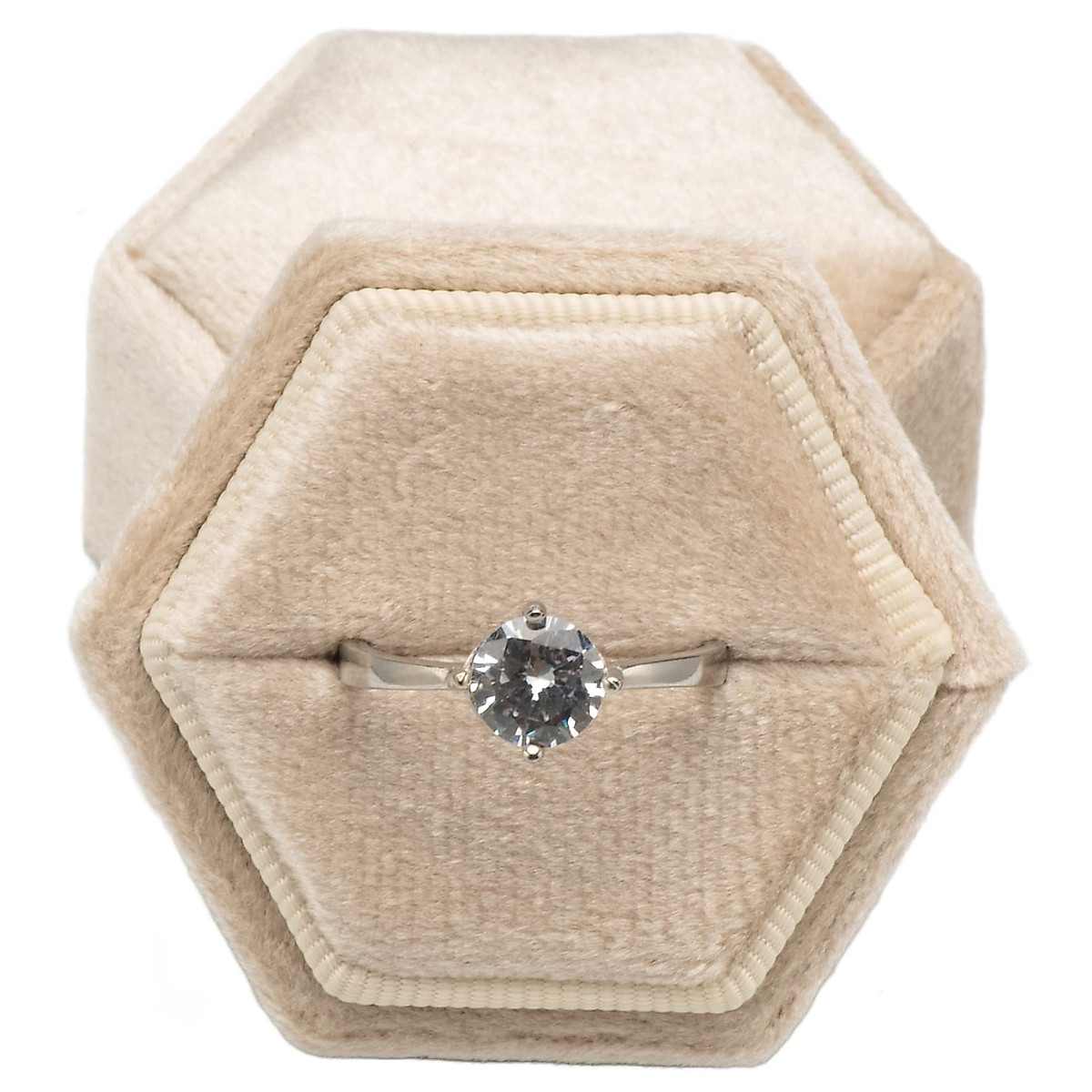 Giftop Equal Hexagon Velvet Single Ring Box for Engagement Proposal Wedding,Jewelry Ring Gift Box Jewelry Packaging Box (Beige)