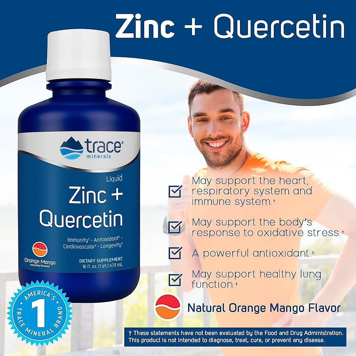 Trace Minerals Liquid Zinc Plus Quercetin - Digestive & Immune Health Supplement - Mineral Supplement with Zinc & Quercetin - Antioxidant & Heart Health Support - Orange Mango, 16 fl oz (32 Servings)