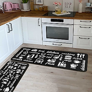 Black Kitchen Rugs Set of 2 - Kitchen Floor Mats Non-Slip Backing - Kitchen Mat Washable Doormat Runner Rug Set for Home Accessories and Decor 17x47.2 and 17x30 inches.