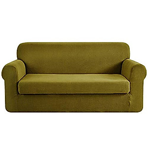 CHUN YI Stretch Loveseat Sofa Slipcover 2 Piece Sofa Cover, 2 Seater Couch Slipcover Coat Soft Washable Furniture Covers with Elastic Bottom, Checks Spandex Jacquard Fabric, Medium, Yellow Green
