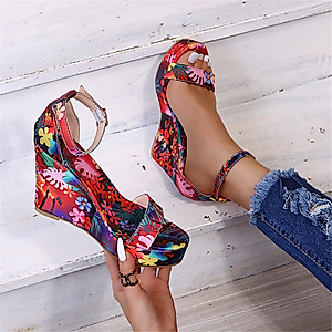 ZBYY Women's Platform Wedge Sandals Summer Floral Printed Slingback Platform Sandals Ankle Strap High Heels Sandals