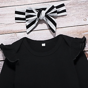 DREAM BUS Newborn Toddler Baby Girl Outfits Romper Ribbed Knitted Long Sleeve Cotton Striped Pants Black,3-6 Months