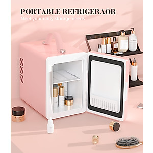 BOGDA 4L Mini Skincare Fridge with Dimmable LED Light Mirror, Cooler and Warmer Temperature Control Digital Display, Portable Cosmetic Refrigerator for Makeup, Skin Care, Bedroom Office Car, Pink