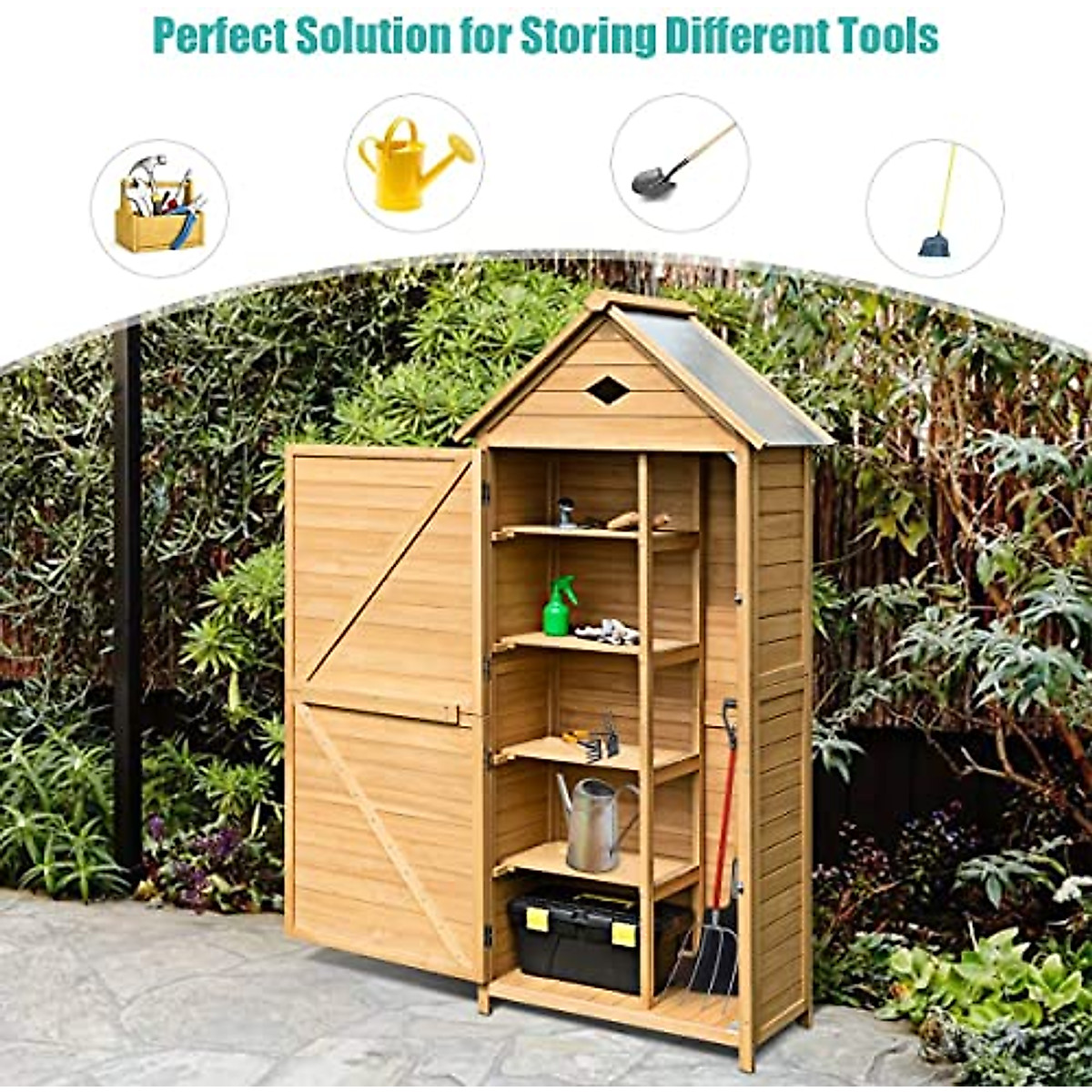 GRAFFY Garden Storage Shed, Outdoor Garden Tools Cabinet with 2 Lockable Doors, Wooden Storage Cabinet with Galvanized Sheet Roof for Garden, Yard, Patio