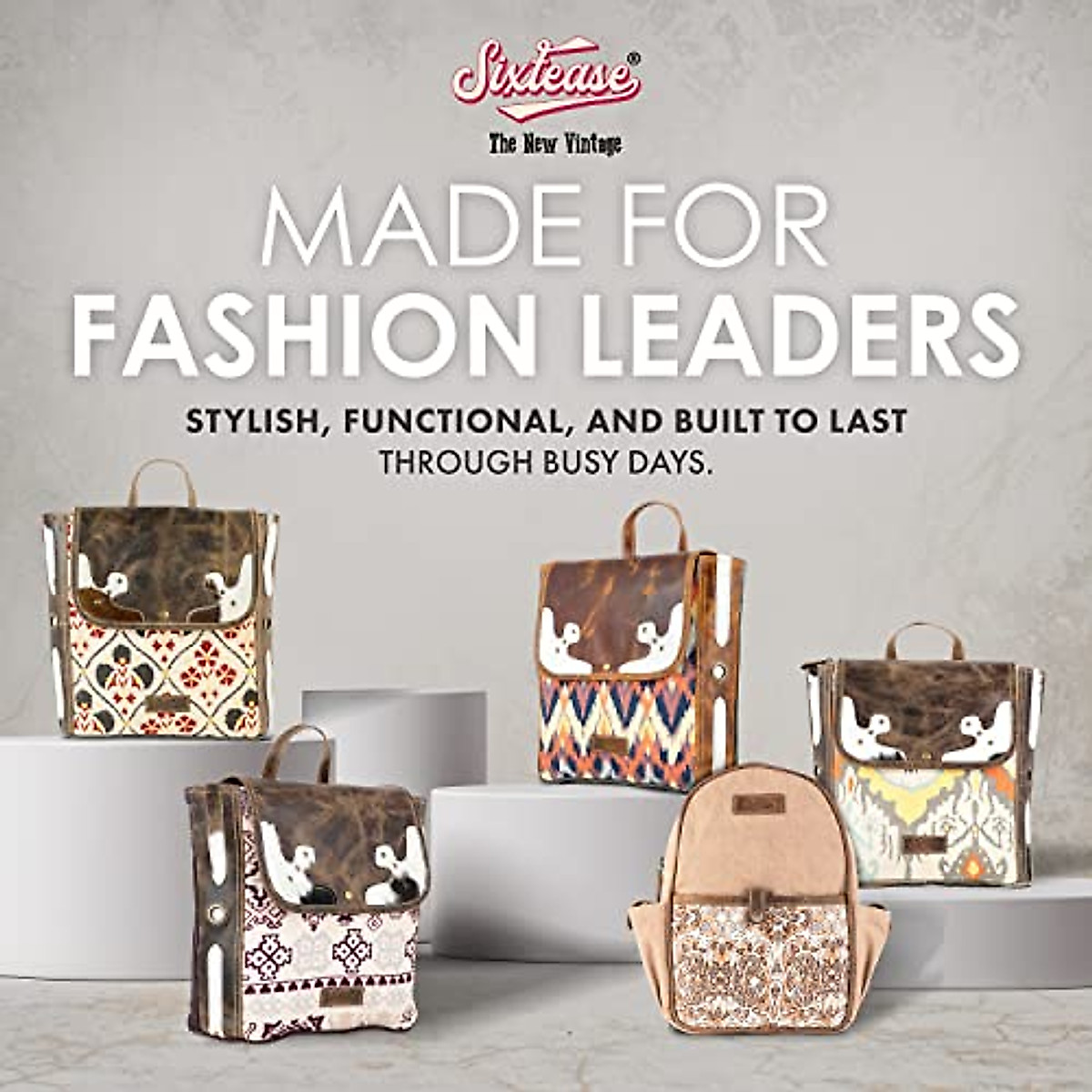 SIXTEASE Womens Fashion Backpack Chic Vintage Style Backpack Made with Genuine Leather, Upcycled Canvas, or Hair On - Large Interior with Multiple Inner and Outer Pockets - Cosmic Latte