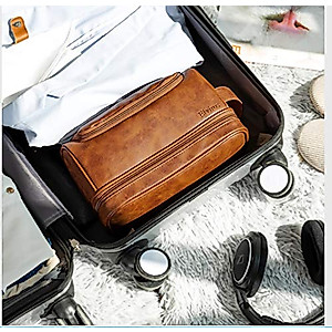 Elviros Toiletry Bag, Mens Leather Travel Organizer Kit with hanging hook, Large Water-resistant Toiletries Bathroom Shaving Bags for Women (Brown)