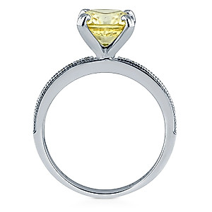 BERRICLE Sterling Silver Solitaire Wedding Engagement Rings 3 Carat Canary Yellow Cushion Cut Cubic Zirconia CZ Ring for Women, Rhodium Plated Size 6