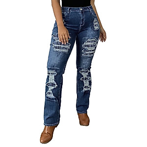 Flamingals Ripped Boot Cut Jeans Tummy Control Jeans for Women Stretch Trendy Mid Waist Cowgirl Jeans Navy Blue XL