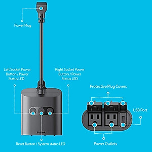D-Link Wi-Fi Smart Outdoor Plug with 2 Outlets and 1 USB Port, No Hub Required, Works with Google Assistant (DSP-W320-US) , Black
