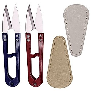2Pcs Mini Sewing Scissors Clipper with 2Pcs Leather Scissors Sheath Cover Small Embroidery Thread Thrum Yarn Trimming Nipper U-Shaded Craft Cross Stitch Scissors for DIY Supplies(Dark Blue/Dark Red)