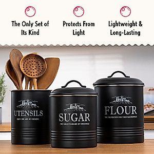 noonberry Black Canisters for Kitchen Counter, Set of 3 - Airtight Sugar and Flour Containers & Kitchen Utensil Holder, Rustic Farmhouse Canister Set for Kitchen Countertop