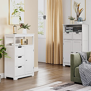 HORSTORS Bathroom Floor Cabinet, Free Standing Storage Cabinet with 3 Drawers and 1 Door & Adjustable Shelf, Modern Entryway Cupboard for Home Office, White