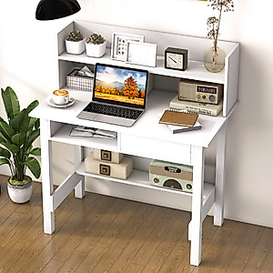 Tangkula White Desk with Hutch, Home Office Writing Study Desk with Storage Bookshelf & Drawer, Modern Makeup Vanity Desk for Bedroom, PC Laptop Desk Computer Desk for Working Studying