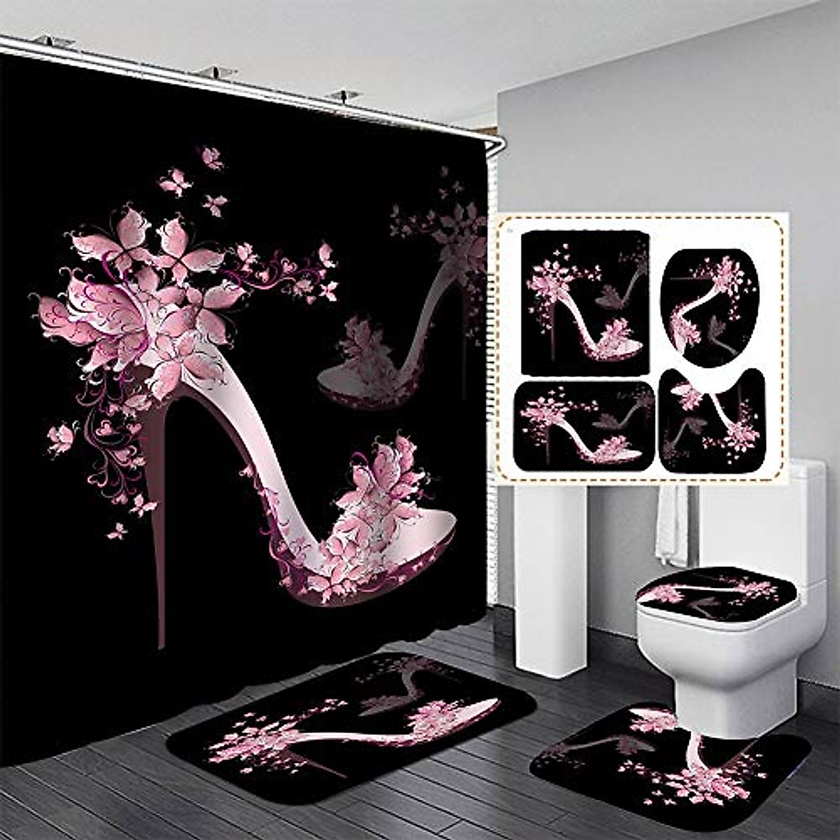 4 pcs High Heel Bathroom Sets with Non-Slip Rugs, Toilet Lid Cover and Bath Mat, Pink Butterfly High Heel Waterproof Shower Curtains with 12 Hooks, Bathroom Girly Decor #2-180x180