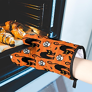 Halloween Cat Bat Oven Mitts and Pot Holders Sets of 2 Heat Resistant Non-Slip Kitchen Gloves Hot Pads with Inner Cotton Layer for Cooking BBQ Baking Grilling