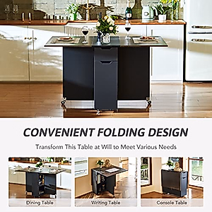 VONLUCE Drop Leaf Dining Table, Modern Folding Dining Table & Expandable Kitchen Table with Storage Shelves & Drawer, Rolling Space Saving Dining Table on 6 Wheels, Gray & Wood Grain Transformer Table