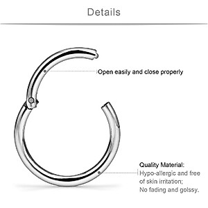 SCERRING 10PCS 14G Stainless Steel Hinged Clicker Segment Septum Nose Lip Ring Hoop Cartilage Tragus Sleeper Earrings Body Piercing Jewelry 8mm 10mm 12mm 14mm 16mm Silver