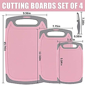 Cutting Boards for Kitchen, Plastic Chopping Board Set of 4 with Non-Slip Feet and Deep Drip Juice Groove, Easy Grip Handle, Dishwasher Safe, BPA Free, Non-porous(Pink/Gray)