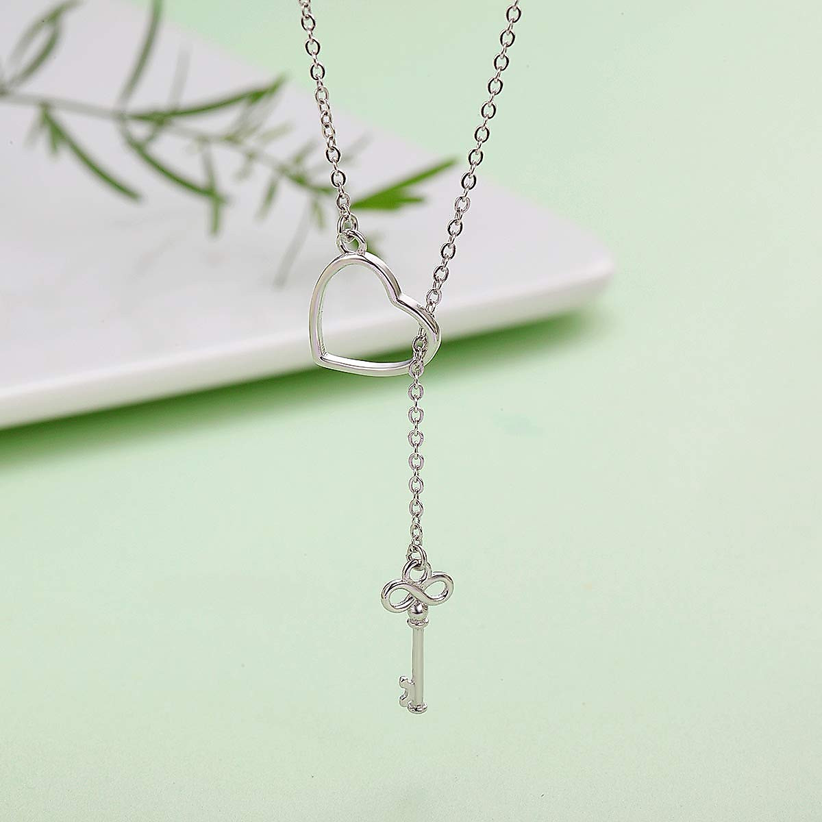 Presentski 925 Sterling Silver Y Lariat Necklace Chain Valentines Day Jewelry with Infinity Key Pendant,Love Heart Necklaces for Women Daughter