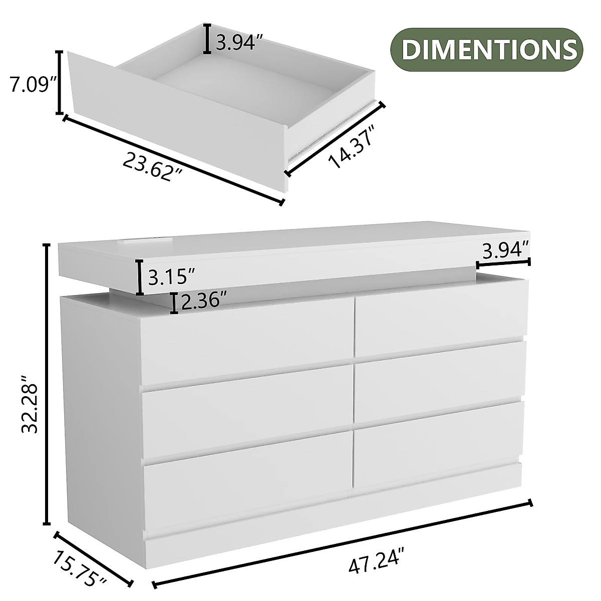 Gyfimoie 6 Drawer Dresser with Power Outlet, White Dresser with LED Light, Modern Chest of Drawers for Closet, Double Wide Drawer Organizer Cabinet for Bedroom, Living Room, Entryway, Hallway