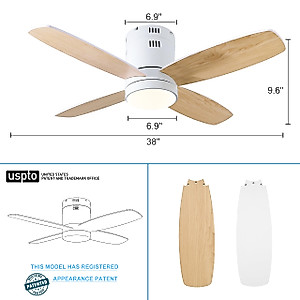 Ohniyou Ceiling Fan with Lights - 38'' Small Low Profile Ceiling Fans Remote & APP Control - Dimmable Indoor Outdoor Quiet DC Flush Mount Ceiling Fan for Patio Kitchen Dining Room Bedroom(White)