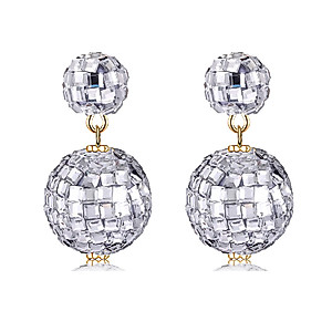 Disco Ball Earrings for Women Sparkly Mirror Ball Dangle Earrings Dance Party Country Music Concert Outfits 60s 70s Outfits Costume Accessories Halloween Jewelry Gifts (A-Silver)