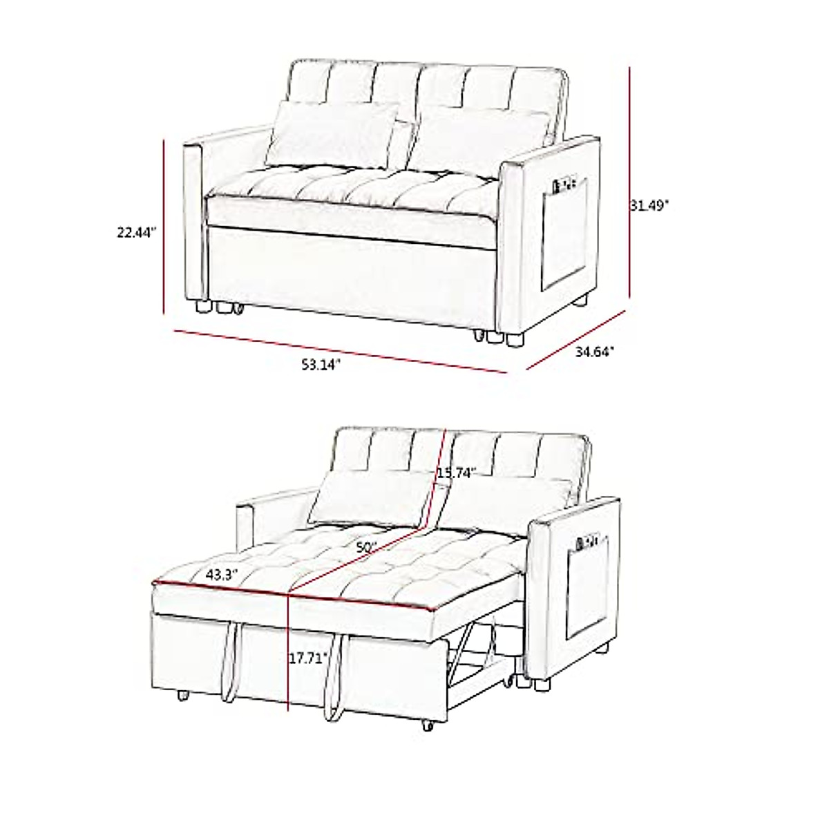 YUNLife&Home 3 in 1 Convertible Pull Out Sleeper Sofa Bed, Loveseat Futon Sofá Chair with Adjustable Reclining Backrests,Side Pockets&2 Pillows, Small Love Seat Lounge Couch, Velvet Beige 53.14" w