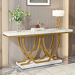 Tribesigns 59 Inch Modern Console Table, Faux Marble Entryway Table Gold Sofa Table Behind The Couch, Luxury Hallway Table Accent Table for Living Room, Entrance, Foyer, White and Gold