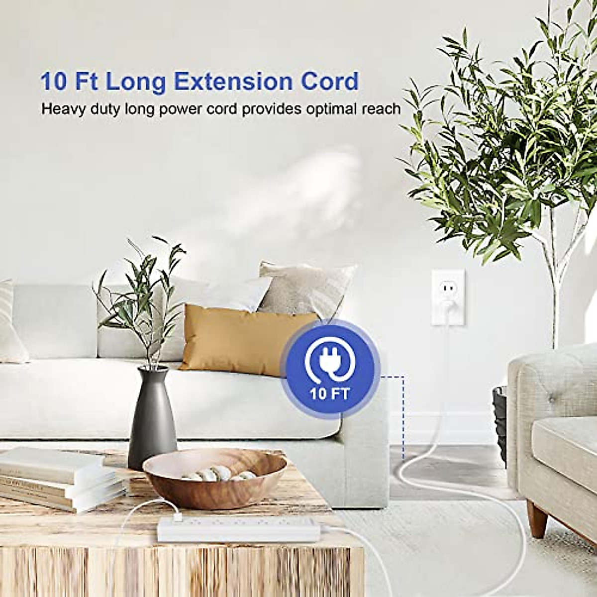 WANDOFO 2 Prong Power Strip, 10FT Long Extension Cord Surge Protector, 5 Outlets and 3 USB, 13A/1625W, Polarized Two Prong to Three Prong Outlet Adapter Converter, Wall Mount, White