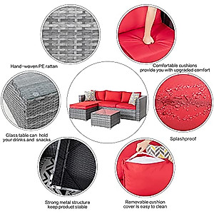 Shintenchi Patio Furniture Sets Outdoor Sectional Sofa Silver All-Weather Rattan Wicker Small Patio Conversation Couch Garden Backyard with Washable Couch Cushion and Glass Table 3 Pieces Red