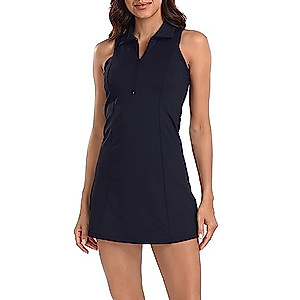 HDE Women's Tennis Dress Sleeveless Athletic Zip Up Golf Dresses with Separate Shorts Black - M
