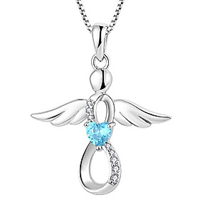 FJ Guardian Angel Necklace 925 Sterling Silver Infinity Aquamarine Necklace March Birthstone Pendant Angel Jewelry Gifts for Women