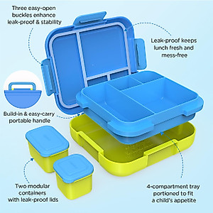 Caperci Bento Lunch Box for Kids - Large 4.8 Cups Lunch Container with 2 Modular Containers - 4 Compartments, Leak-Proof, Portable Handle, Microwave/Dishwasher Safe (Blue/Juicy Pear)