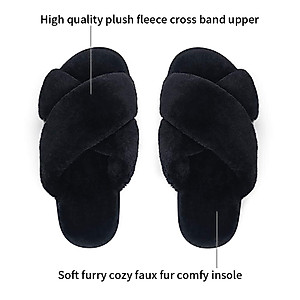 Vepose Women's Cross Band Slippers, Soft Plush Furry Open Toe Fur Slippers, 801 - Black, Size 8,8.5,9 US - Fuzzy Fluffy Slip on House Shoes Indoor Outdoor (CJY801 Black 08&09)