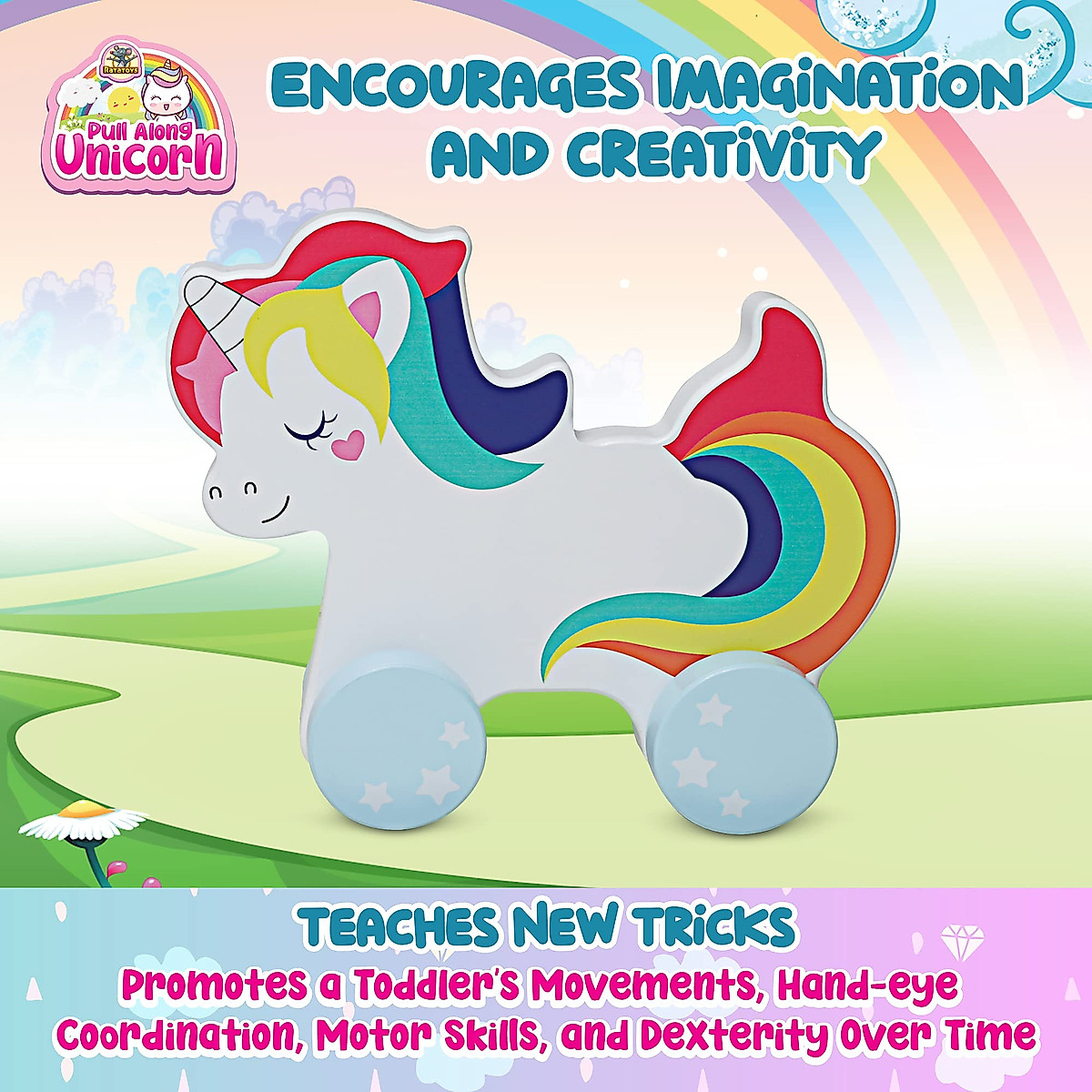 Ratatoys Wooden Toys Unicorn Baby Toy Pull Along for 1 Year Old and Above - H 61 x L 27 Inches, Toddler Boys & Girls, Unique Colorful Design - Improves Movement & Motor Skills, Birthday Party Gift