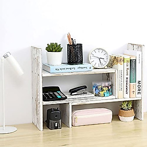 MyGift Adjustable Whitewashed Solid Wood Desktop Storage Organizer Display Shelf Book Rack, Office Desk Bookshelf