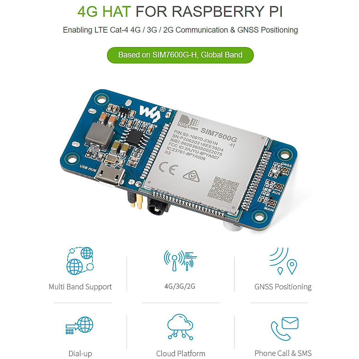 waveshare SIM7600G-H 4G HAT Board for Raspberry Pi4B/3B+/3B/2B/B+/A+/Zero/Zero WH and PC,Support LTE Cat-4 4G 3G 2G Communication and GNSS Positioning Global Band