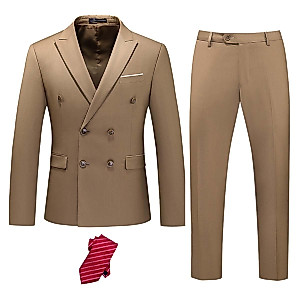 YND Men's Slim Fit 2 Piece Suit, Double-Breasted Jacket Pants Set with Tie, Solid Party Wedding Dress Blazer, Tux and Trousers Khaki